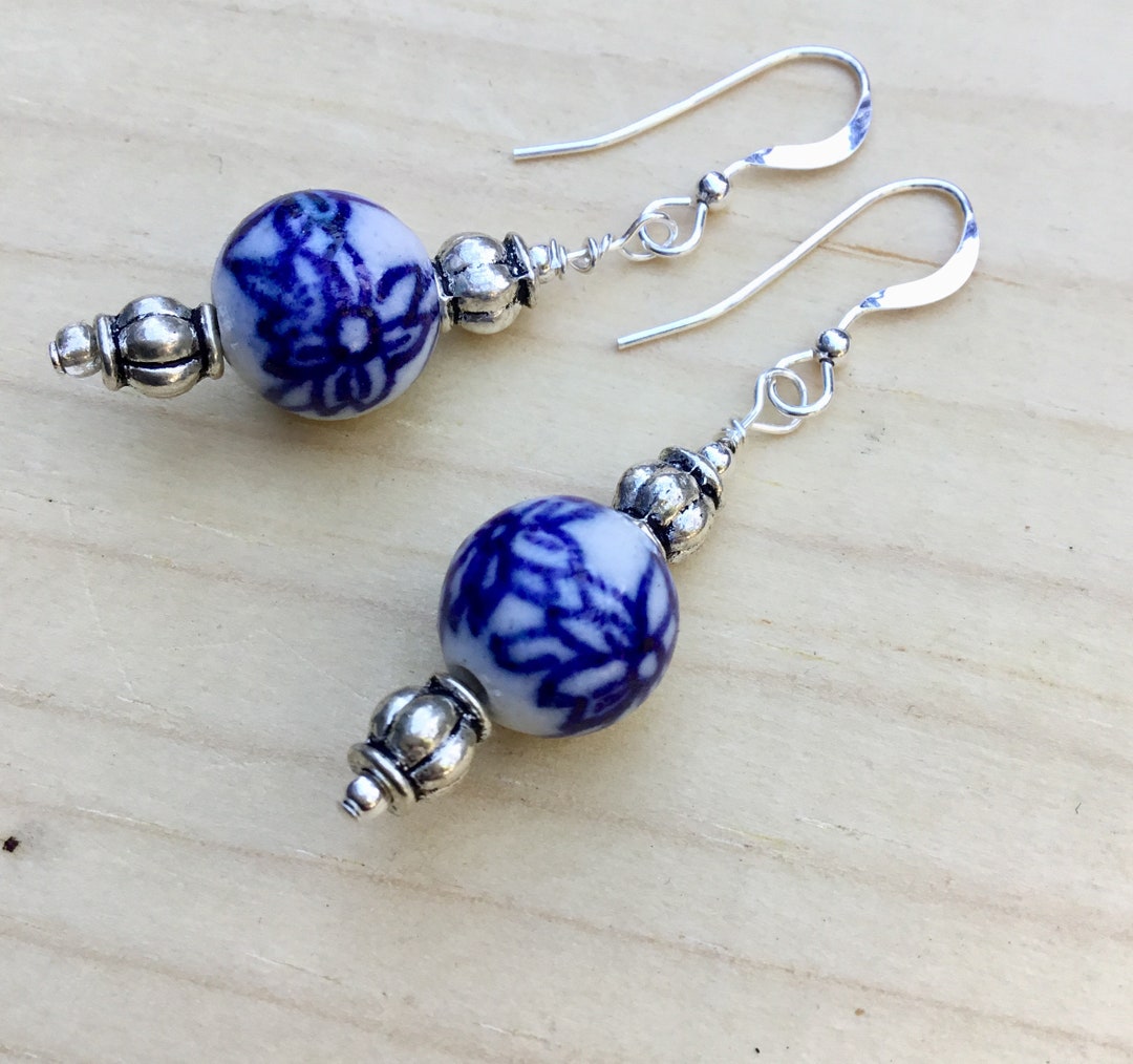 Delft Flower Earrings: Sterling Silver Ear Wires Floral Jewelry - Etsy