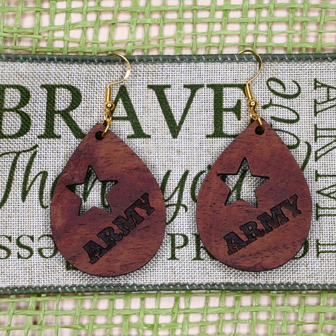 Army Earrings Engraved, Wood and Metal Teardrop Earrings, Army Mom Gift ...