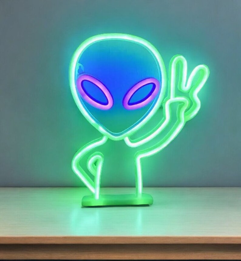 Green Alien Neon Sign Fun Desk Decor 13.3 X 8.7 Perfect for Office ...