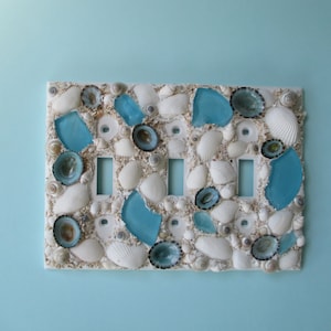 Seashell and Seaglass Triple Light Switch Plate Cover - Aqua and White ...