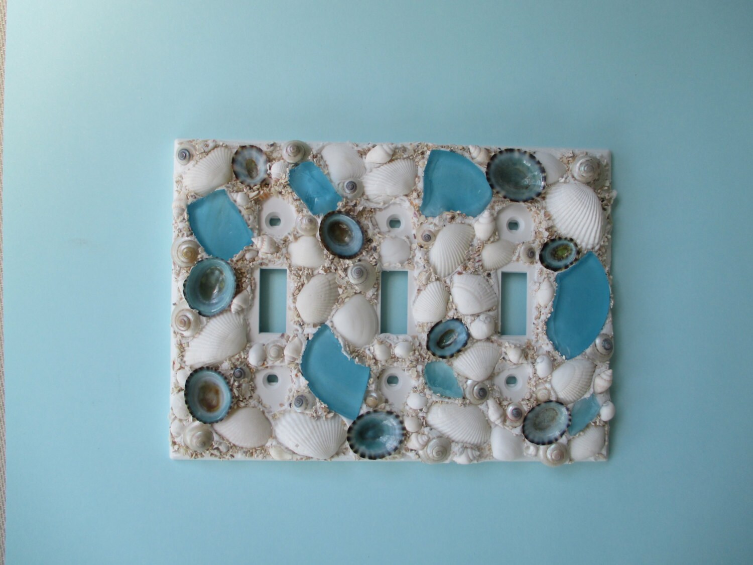 Seashell and Seaglass Triple Light Switch Plate Cover - Aqua and White ...