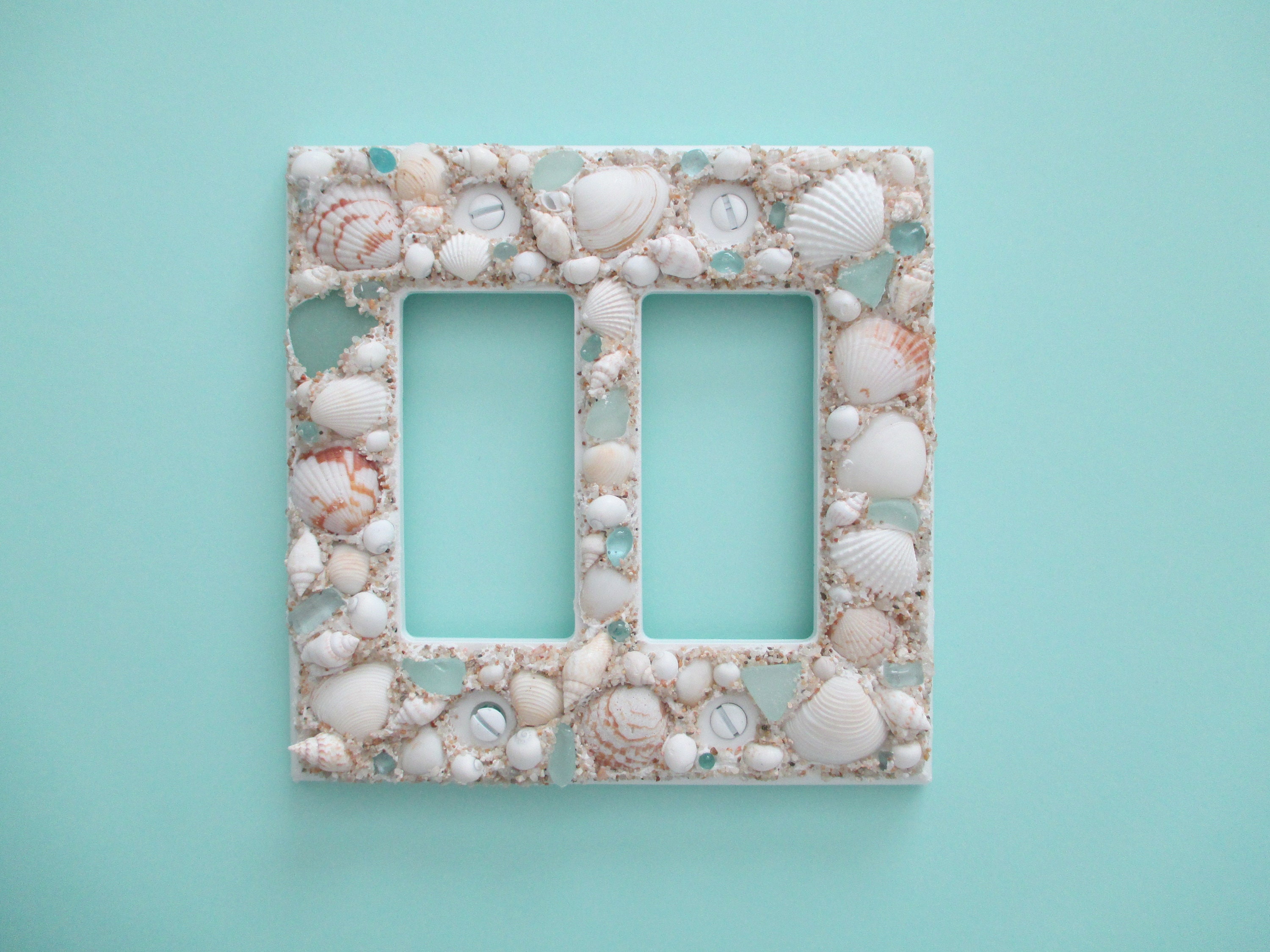 Seashell and Seaglass Double Rocker Plate Cover - White Tan Soft Aqua ...