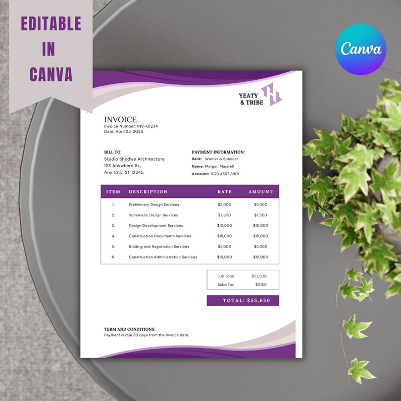 Purple Invoice Template | Editable Invoice Template | Small Business ...