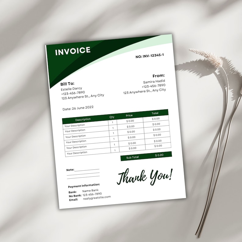 Green Invoice Template | Editable Invoice Template | Small Business ...