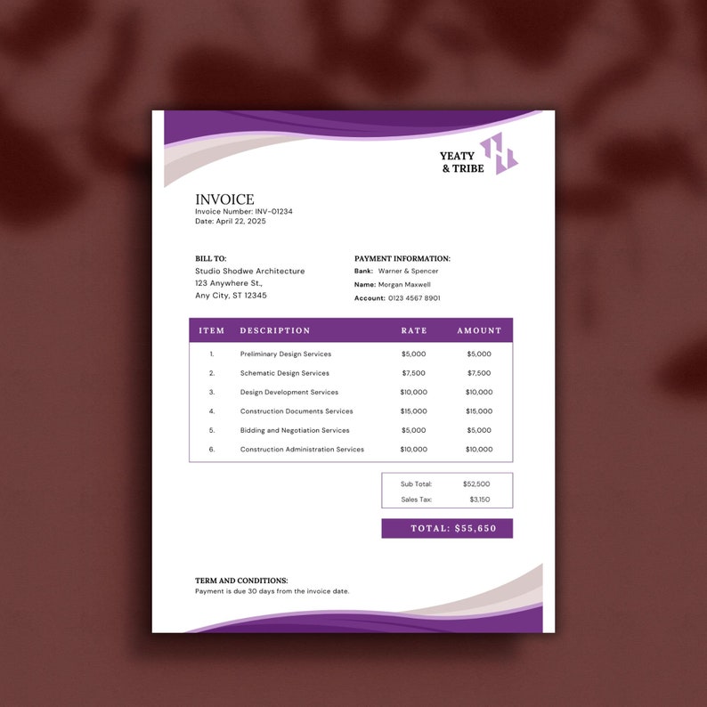 Purple Invoice Template | Editable Invoice Template | Small Business ...
