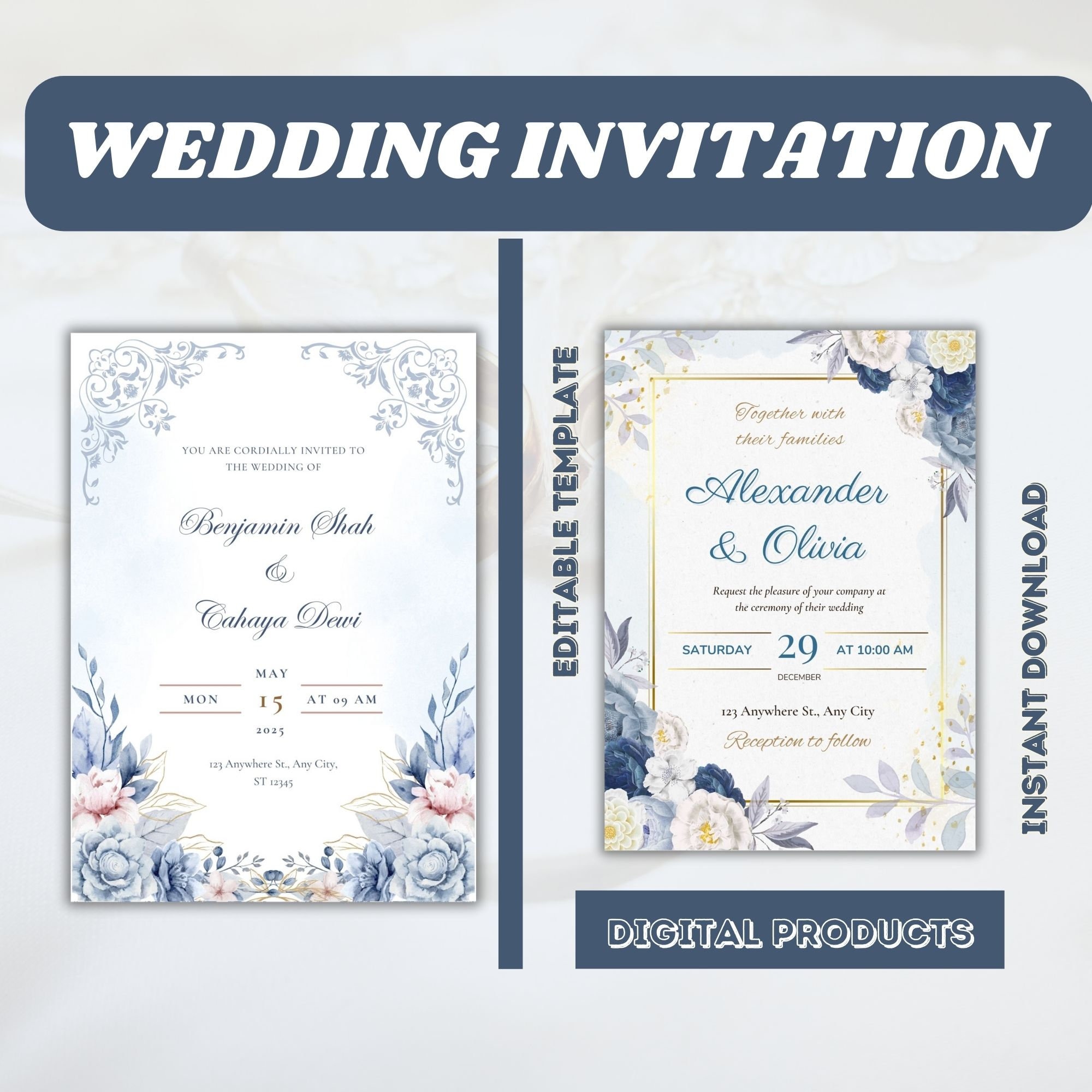 Blue Wedding Invitation Card Template | Blue Floral Wedding Invite ...
