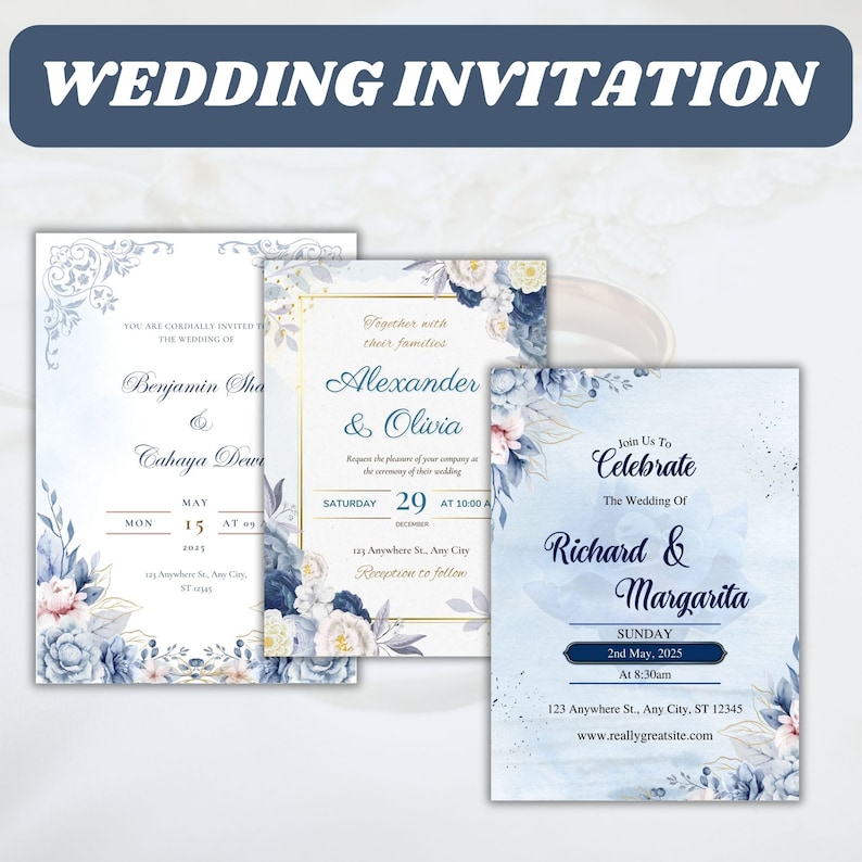Blue Wedding Invitation Card Template | Blue Floral Wedding Invite ...