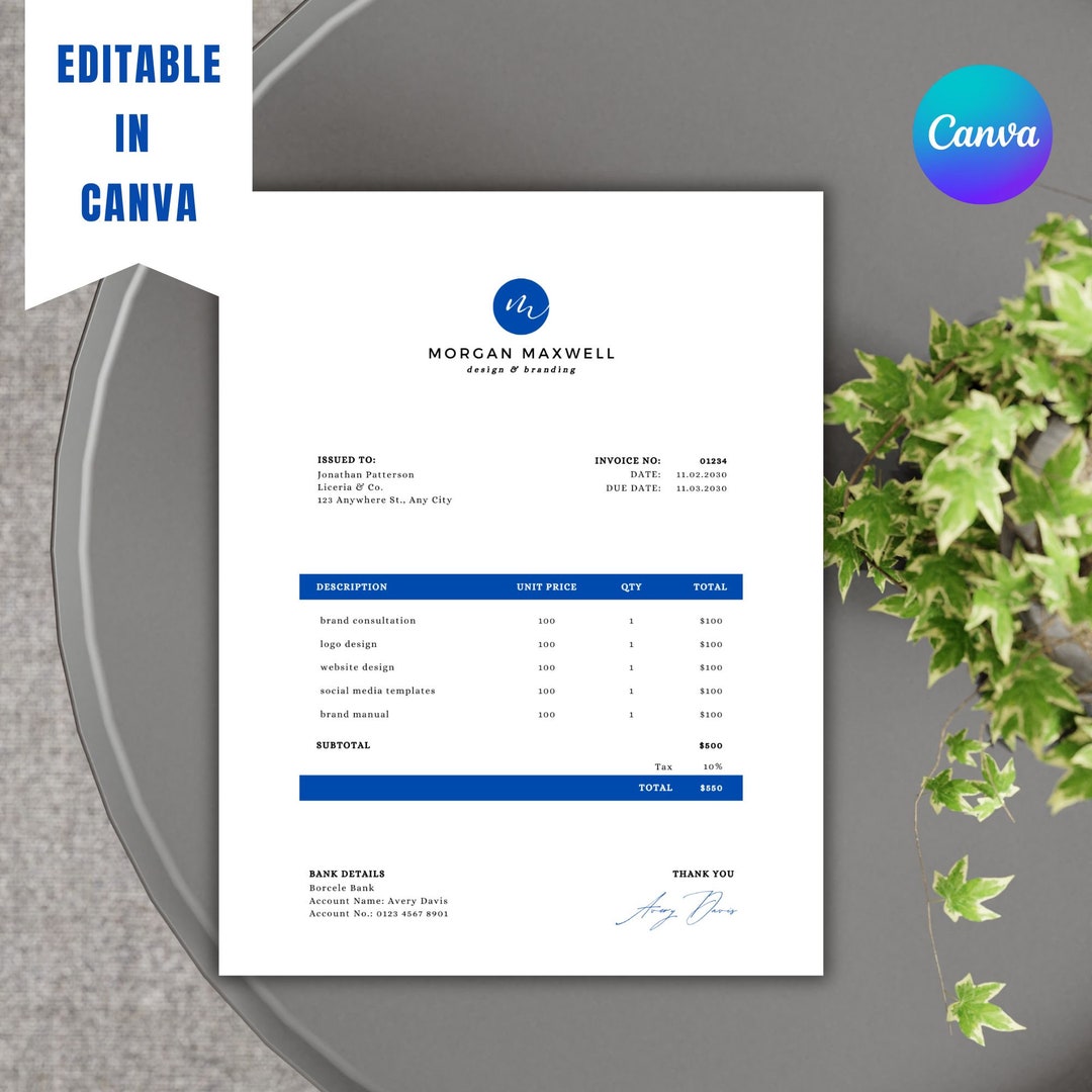Blue Invoice Template | Editable Invoice Template | Small Business ...