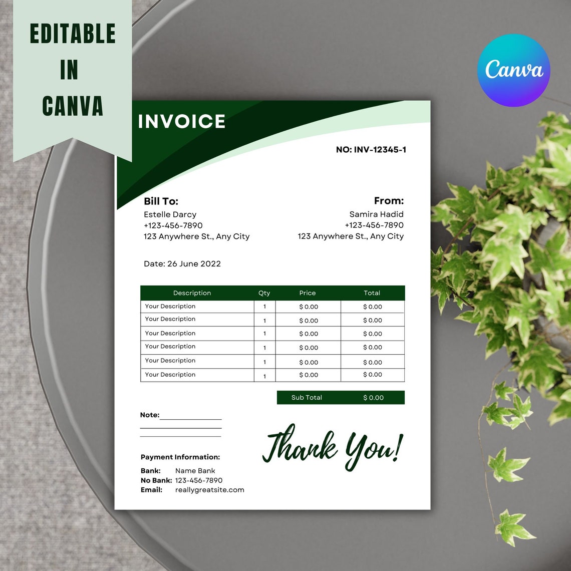 Green Invoice Template | Editable Invoice Template | Small Business ...