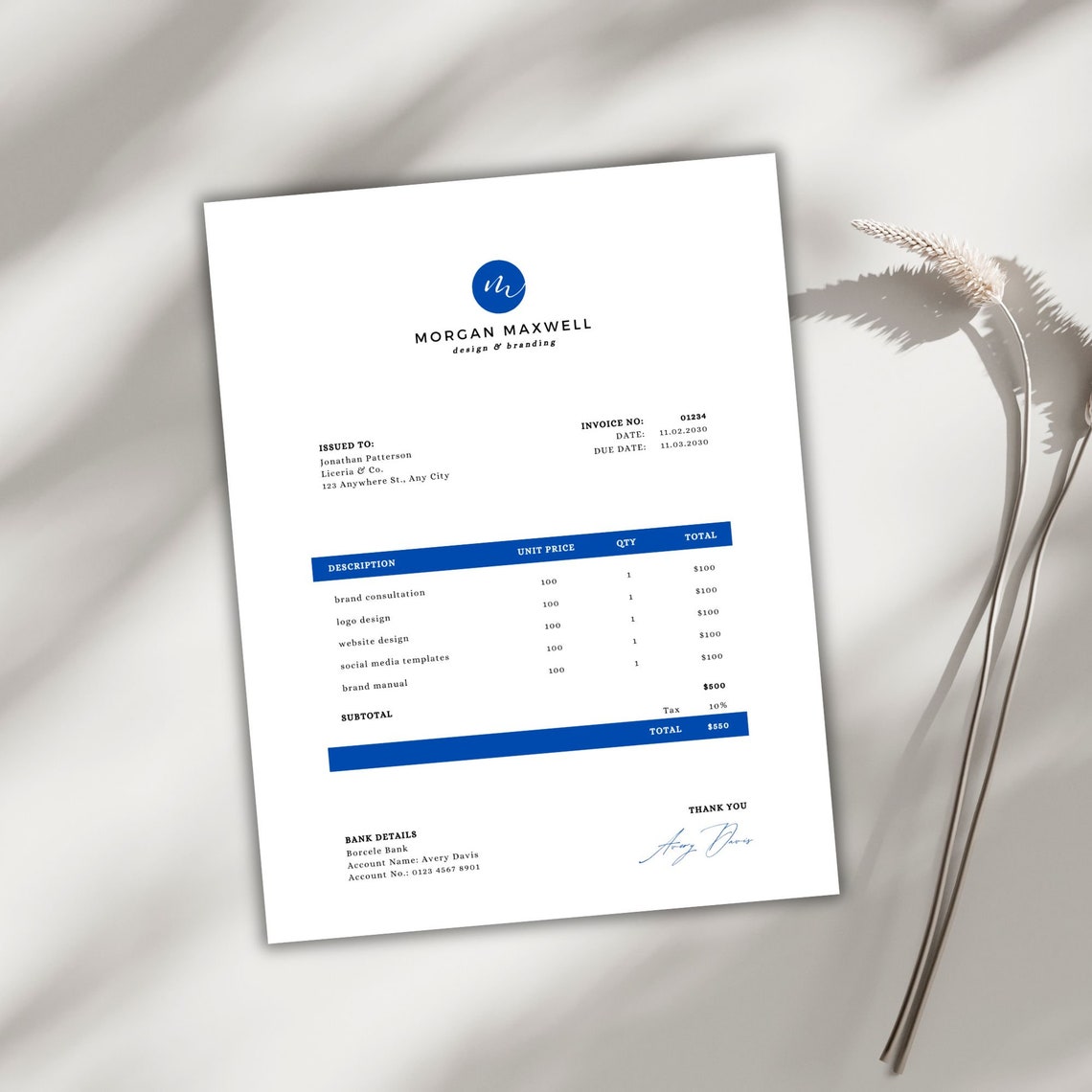 Blue Invoice Template | Editable Invoice Template | Small Business ...