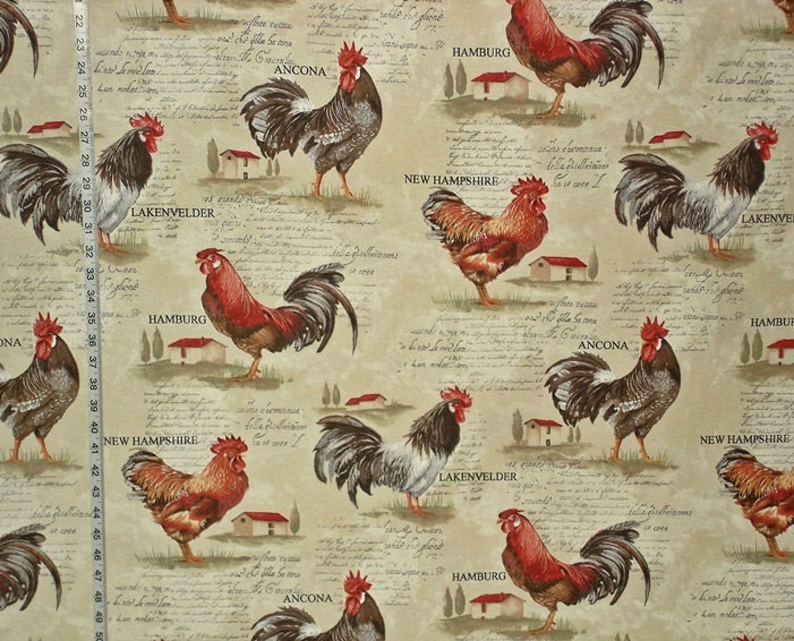 Rooster toile fabric country chicken French writing interior | Etsy