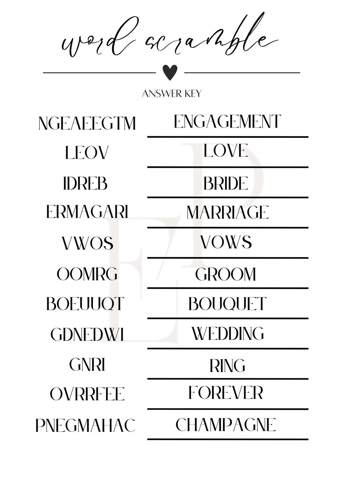Wedding Word Scramble Printable Bridal Shower Game Customizable ...