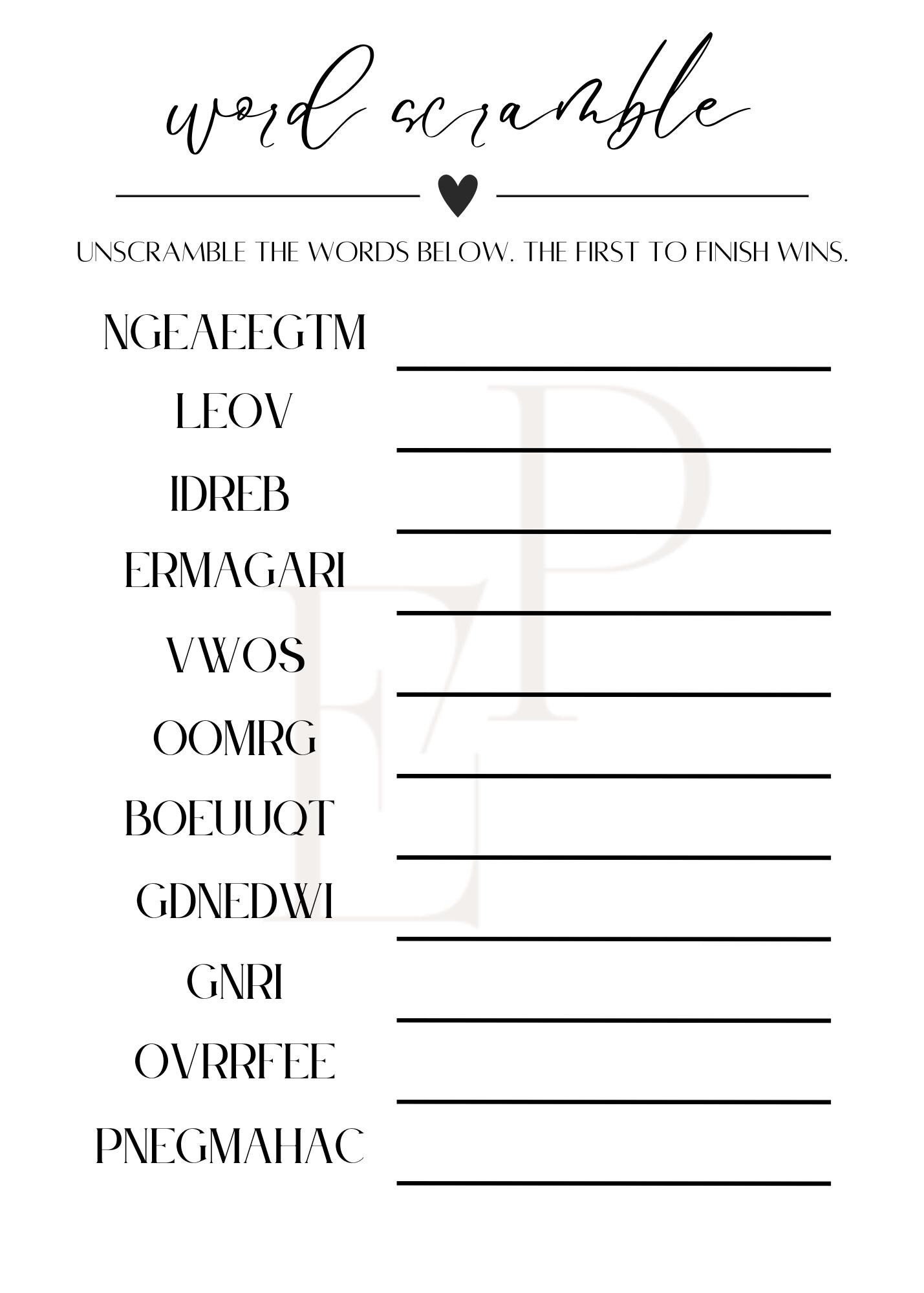 Wedding Word Scramble Printable Bridal Shower Game Customizable ...