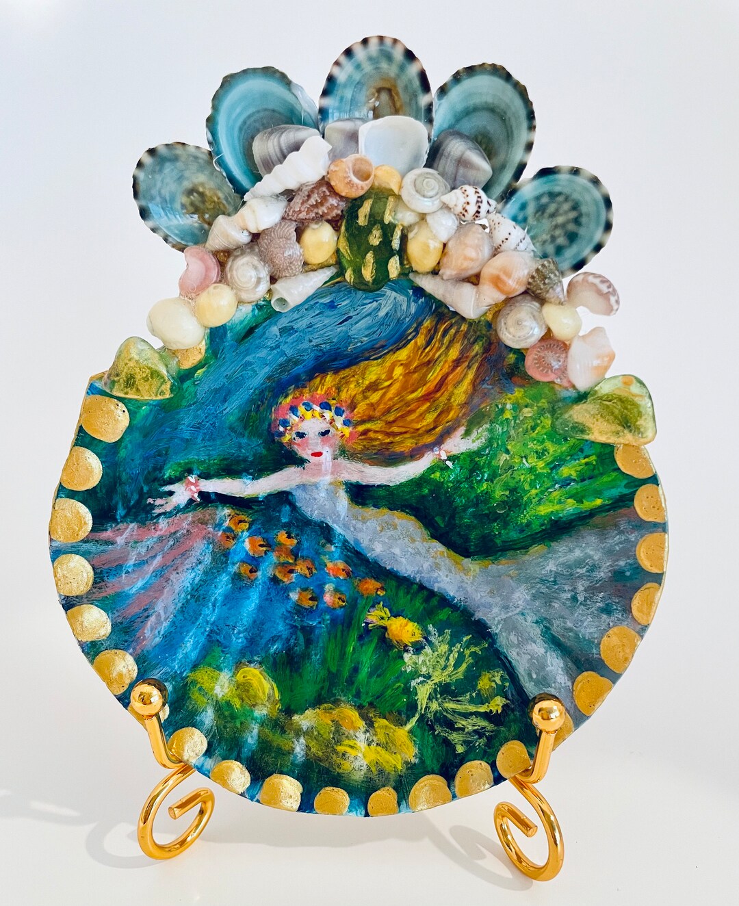 Hand Painted Seashell With Mermaid Swimming Original Art - Etsy