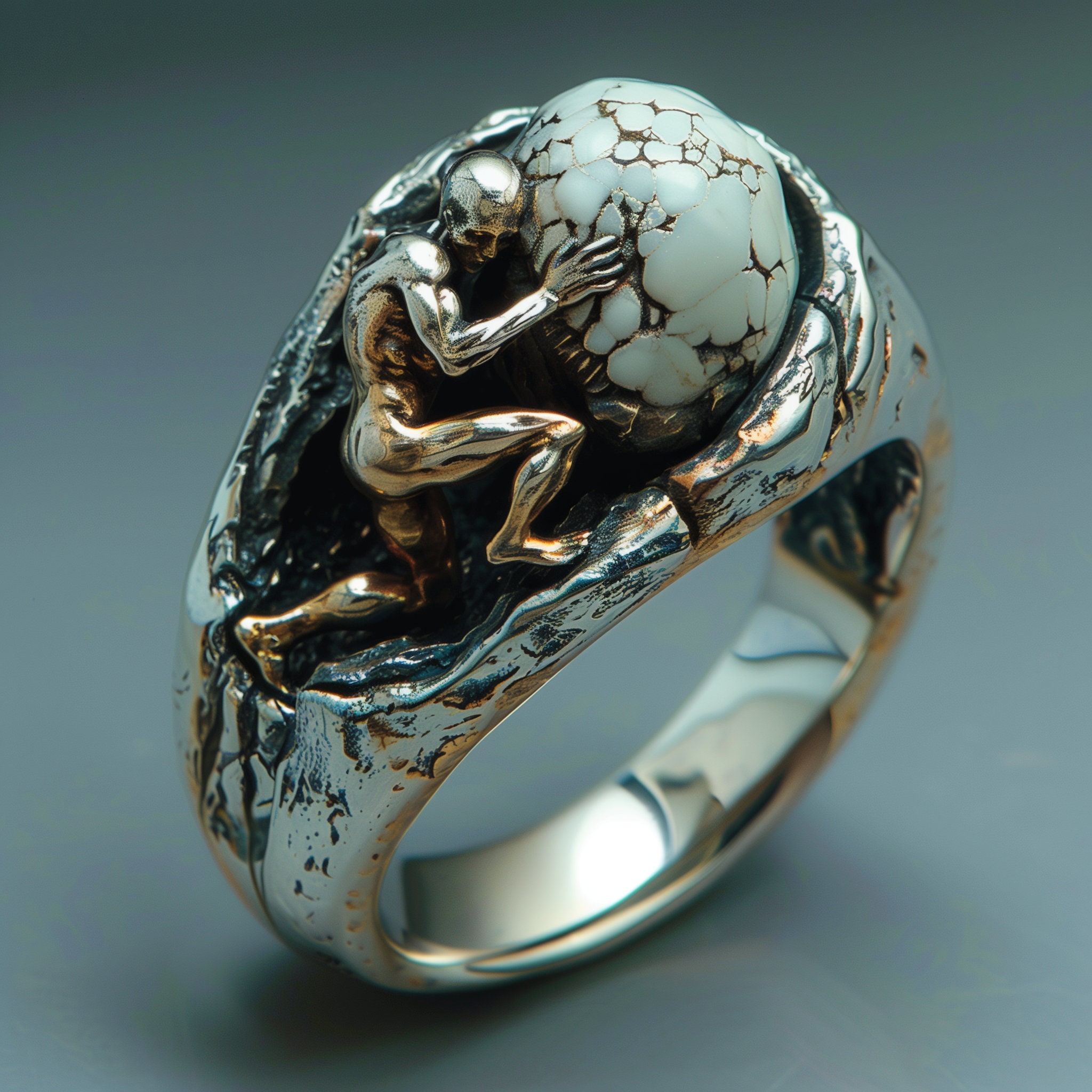 Mythology Ring for Men Unique Moss Agate Ring Sterling Silver Ring for ...