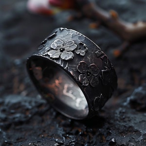 Cherry Flower Ring – Unique Black Engagement Rings - Sterling Silver ...