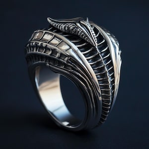 Silver Alien Ring – Unique Gothic Space Jewelry – Sci-fi Ring for Men ...