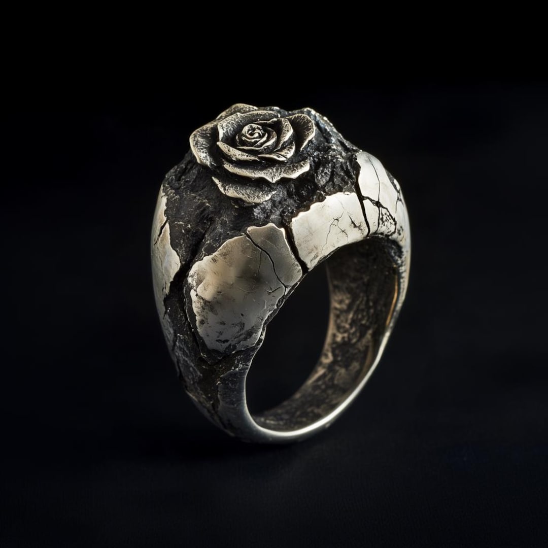 Silver Stone Rose Ring – Unique Cracked Flower Ring – Antique Weathered ...