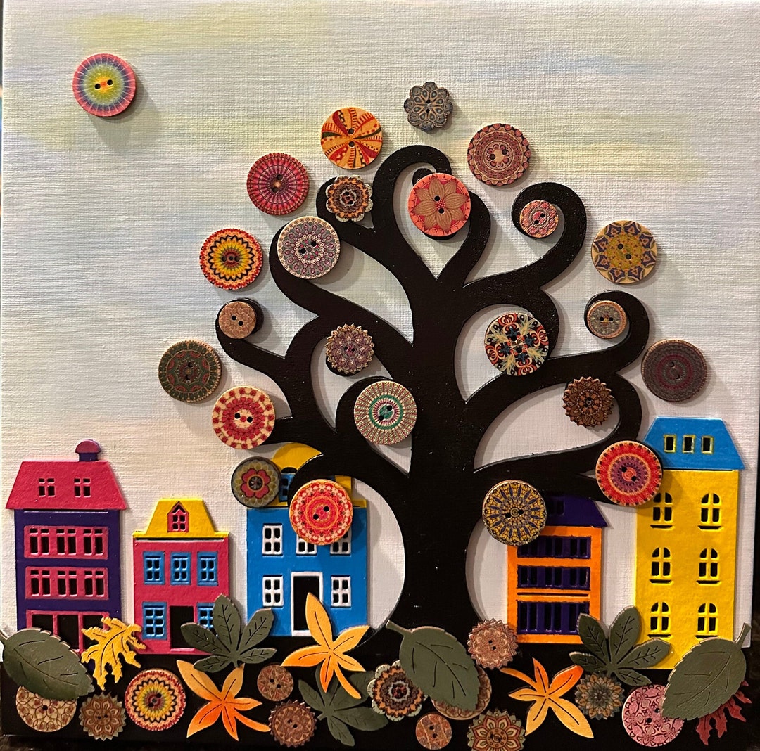 Denise Ward Creates - Whimsical Town Painting, Children's Art, Button ...