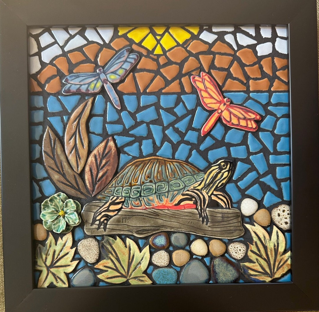 Denise Ward Creates - Mosaic Turtle Sitting on Log Enjoying Pond While ...