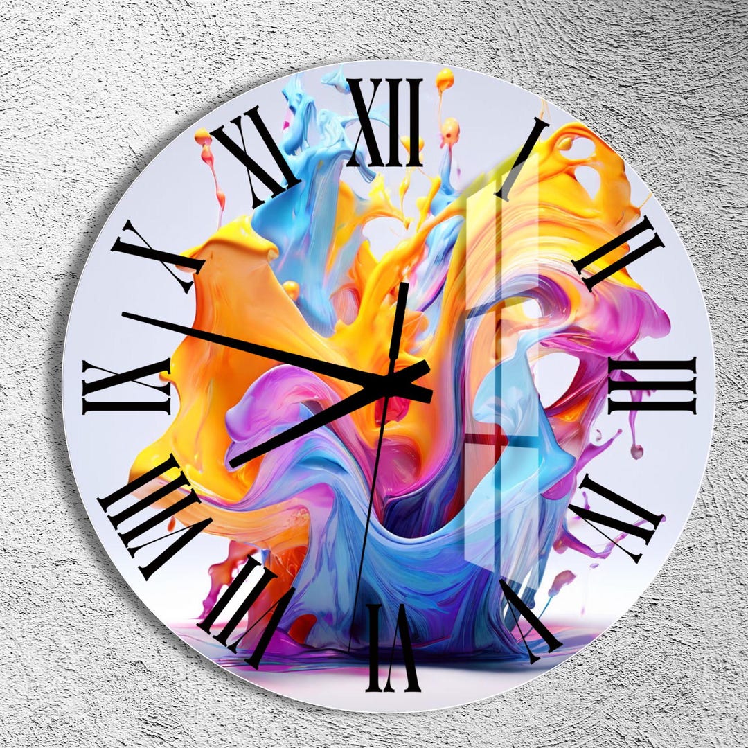 Tempered Glass Wall Clock: Modern Rainbow Color Splash Art - Etsy