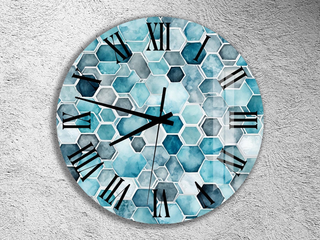 Blue Abstract Hexagon Wall Clock: Tempered Glass Geometric Decor - Etsy