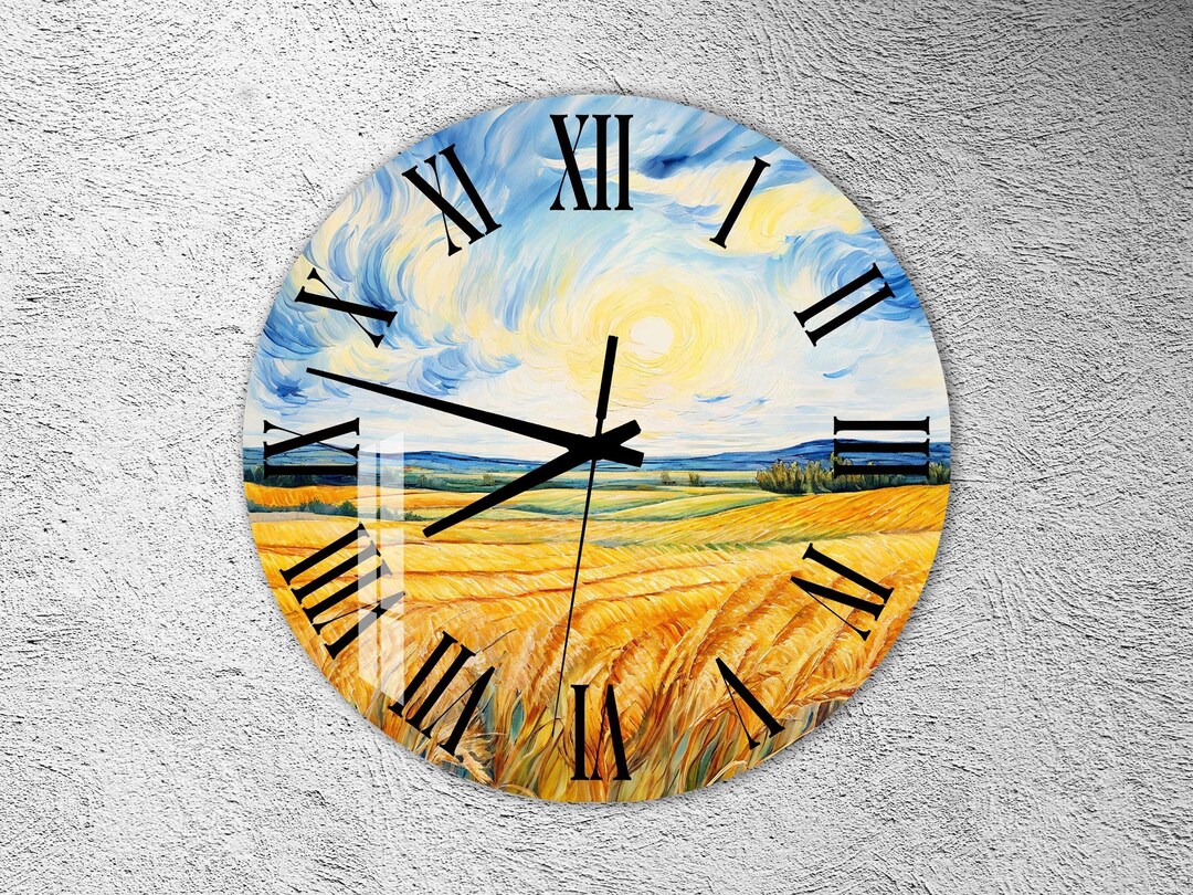 Van Gogh Wheatfield Tempered Glass Wall Clock: Silent Gold Accent - Etsy