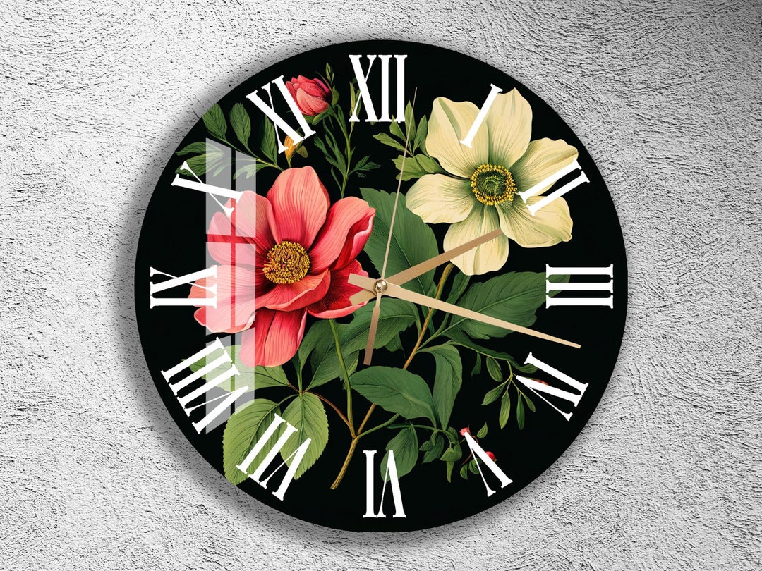 Tempered Glass Wall Clock, Floral Wall Clock, Botanical Wall Clock ...