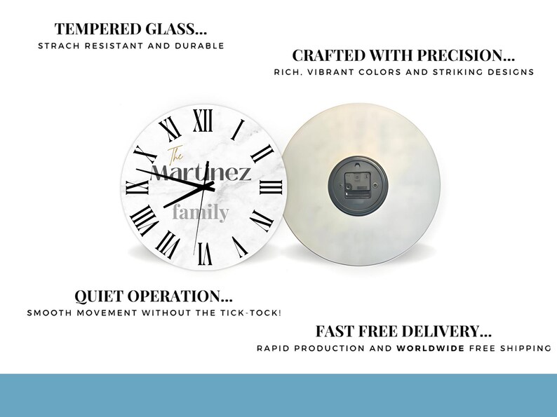 Fully Customizable Glass Wall Clock: Family Name Art, Silent Movement ...