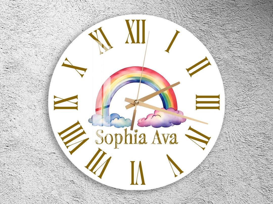 Rainbow Nursery Clock: Customizable Tempered Glass Kids Room Decor - Etsy