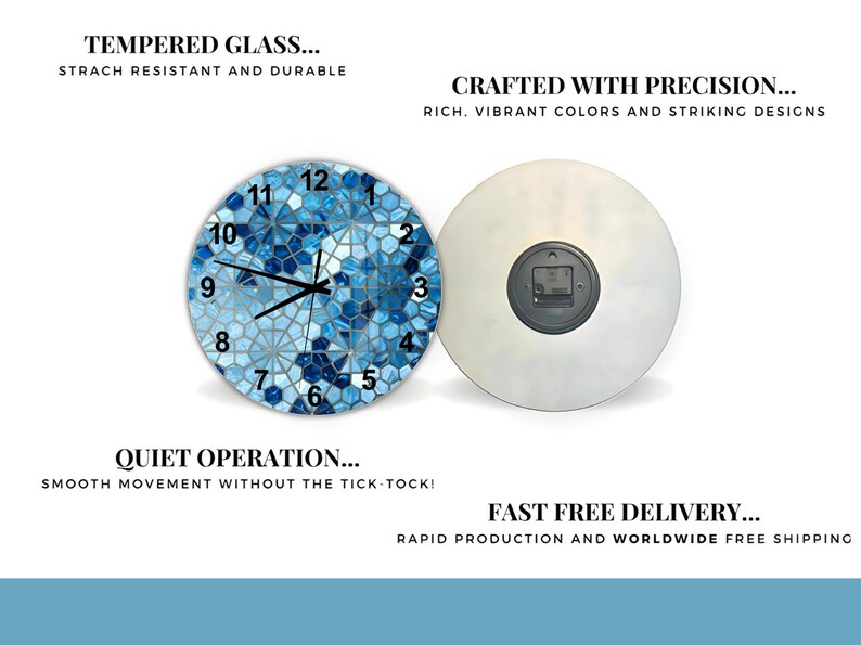 Tempered Glass Wall Clock: Abstract Geometric Blue Mosaic - Etsy