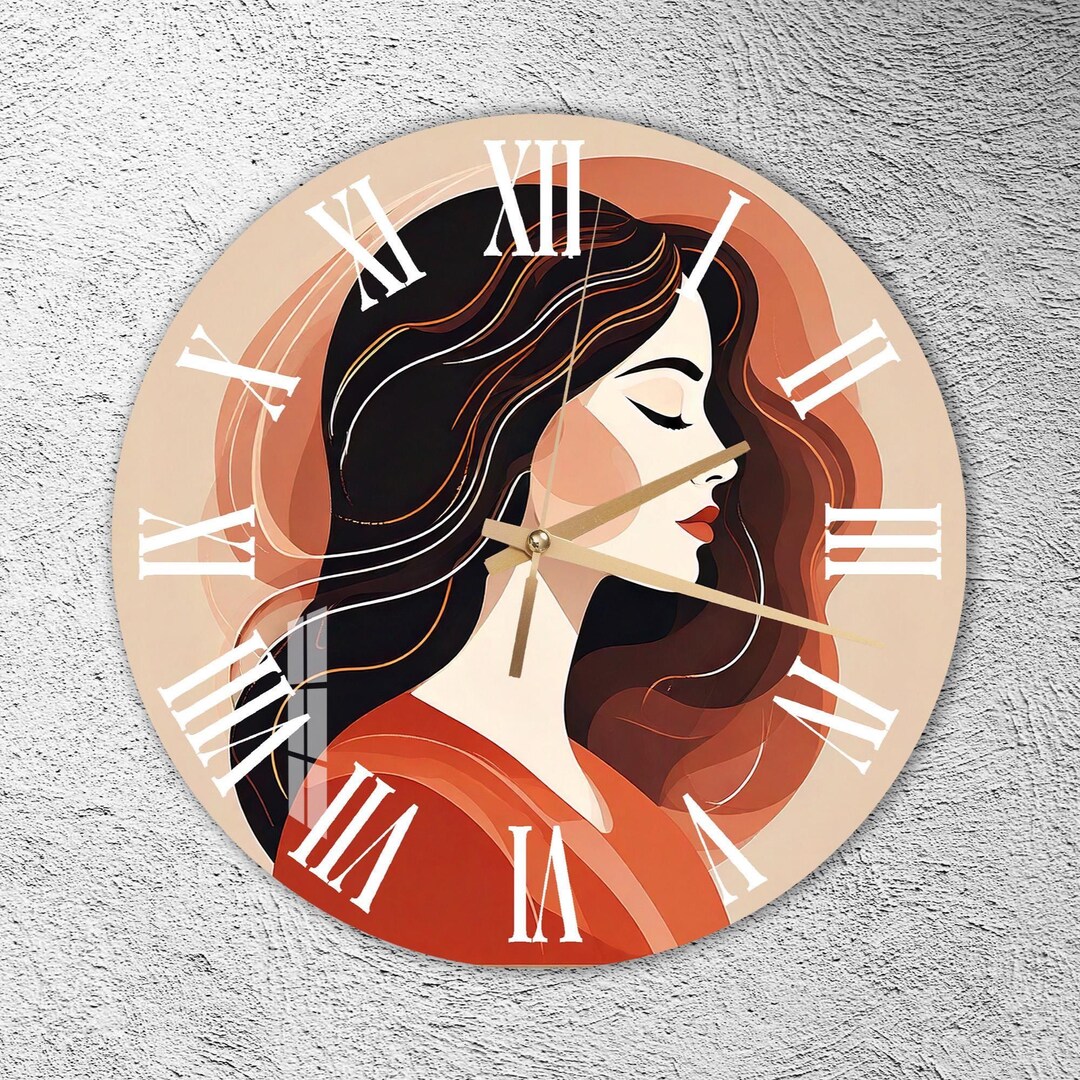 Elegant Female Profile Glass Wall Clock: Flowing Hair, Warm Earth Tones ...