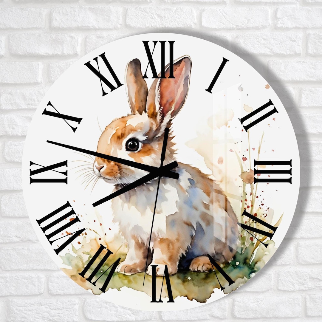 Tempered Glass Wall Clock, Cute Bunny Wall Clock, Watercolor Rabbit ...