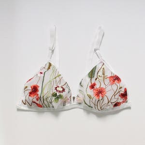 Embroidered Floral Bralette, Triangle Bra, White Bralette, Floral Print ...