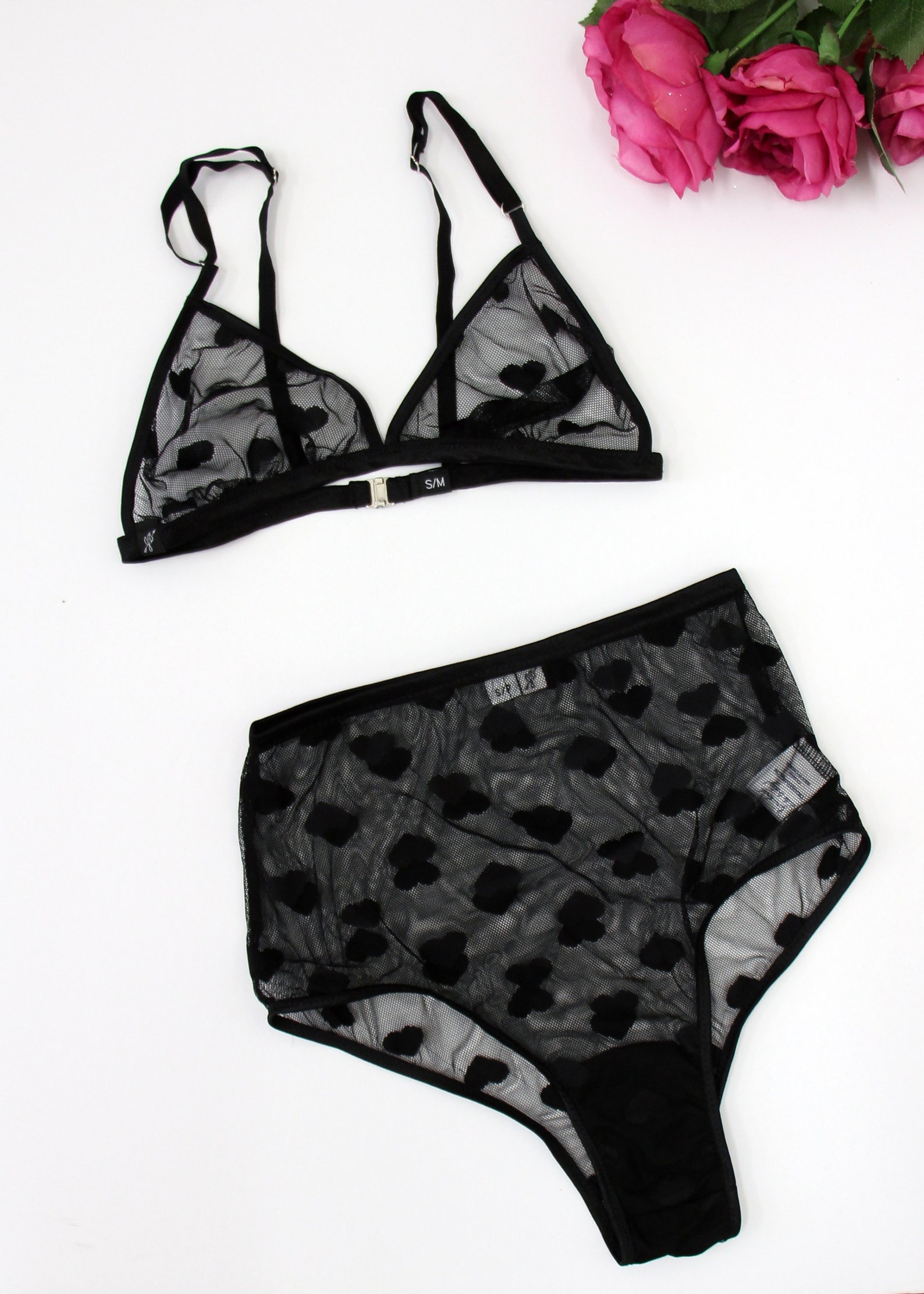 Heart Lingerie Set Triangle Bra Black Bralette Lingerie - Etsy
