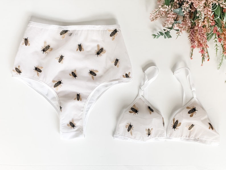 Embroidered Bee Lingerie Set, Triangle Bra, Bees, White Bralette, High ...