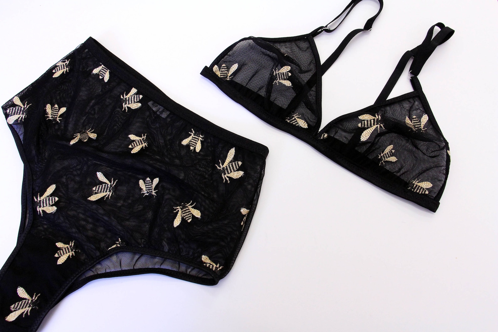 Embroidered Bee Lingerie Set Triangle Bra Bees Black - Etsy