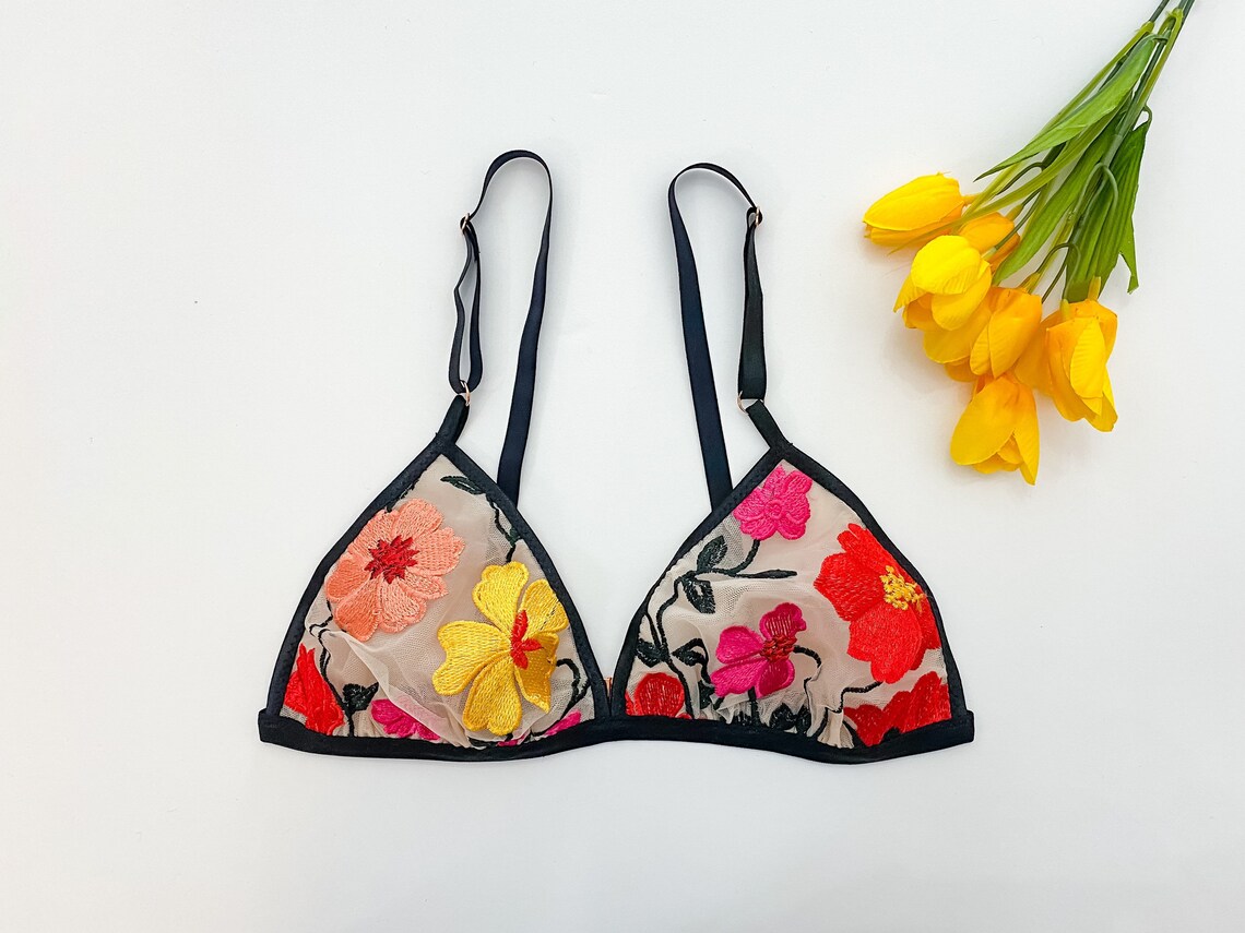 Embroidered Bright Floral Lingerie Set Triangle Bra High | Etsy
