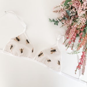 Embroidered Bee Lingerie Set, Triangle Bra, Bees, White Bralette, High ...