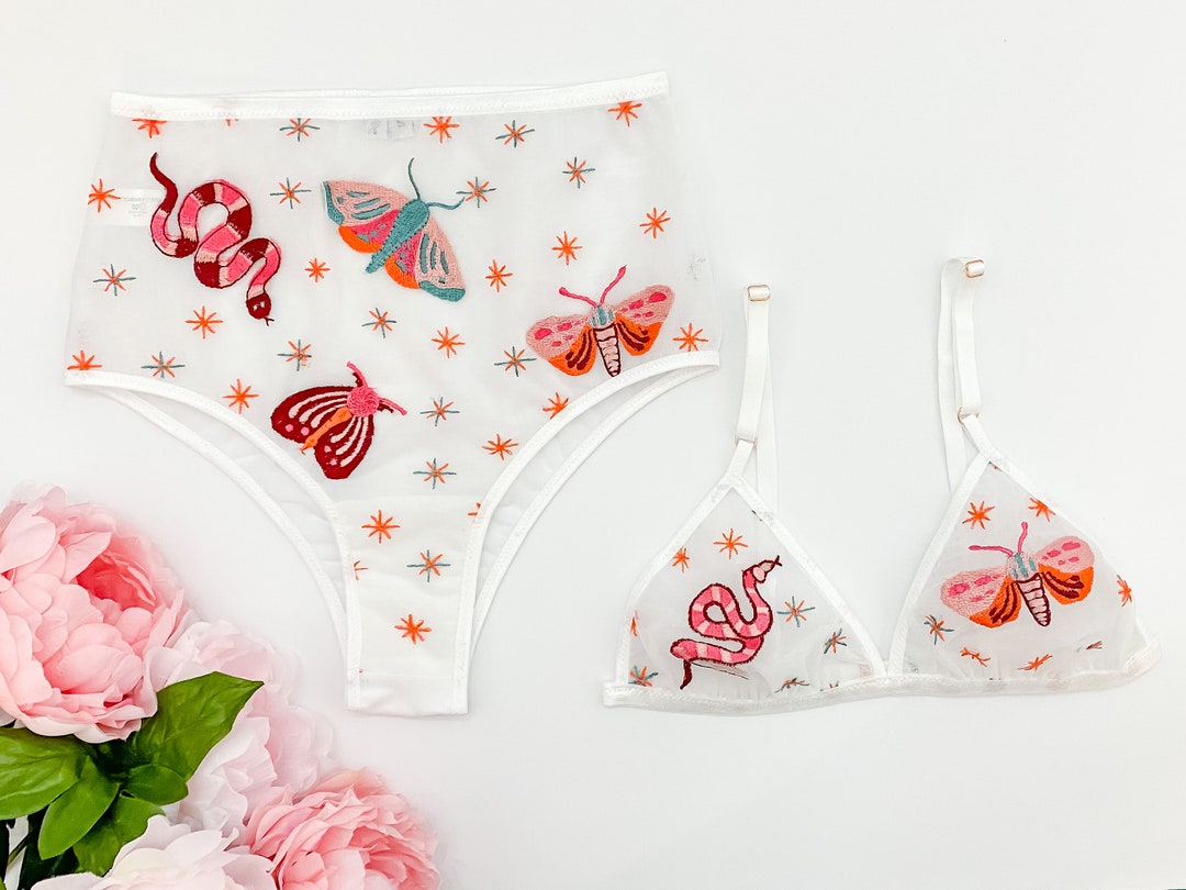 Embroidered Snake and Moth Lingerie Set, Triangle Bra, White Bralette ...
