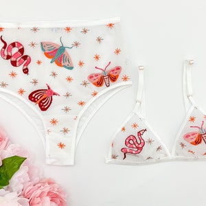 Embroidered Snake and Moth Lingerie Set, Triangle Bra, White Bralette ...