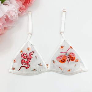 Embroidered Snake and Moth Lingerie Set, Triangle Bra, White Bralette ...