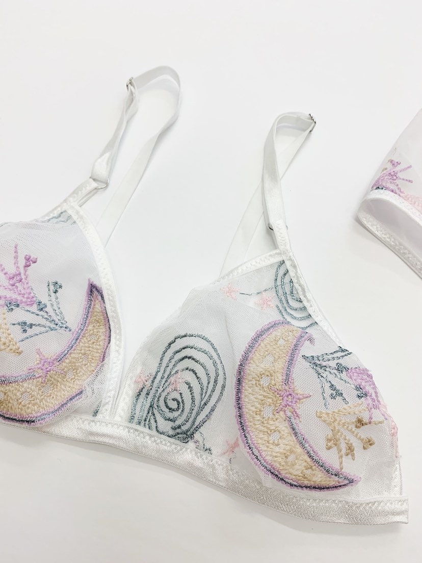 Embroidered moon and starburst lingerie set brazilian panty | Etsy