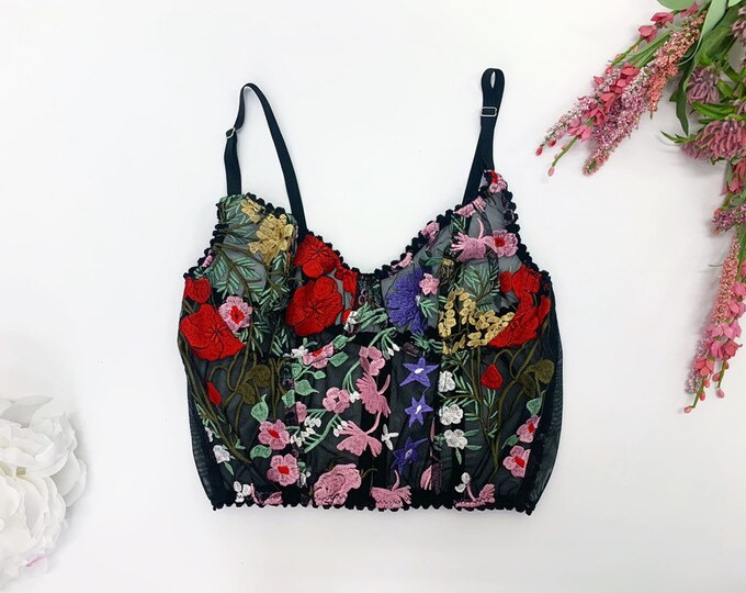 Embroidered Black Floral Bralette, Triangle Bra, Mesh Bralette ...