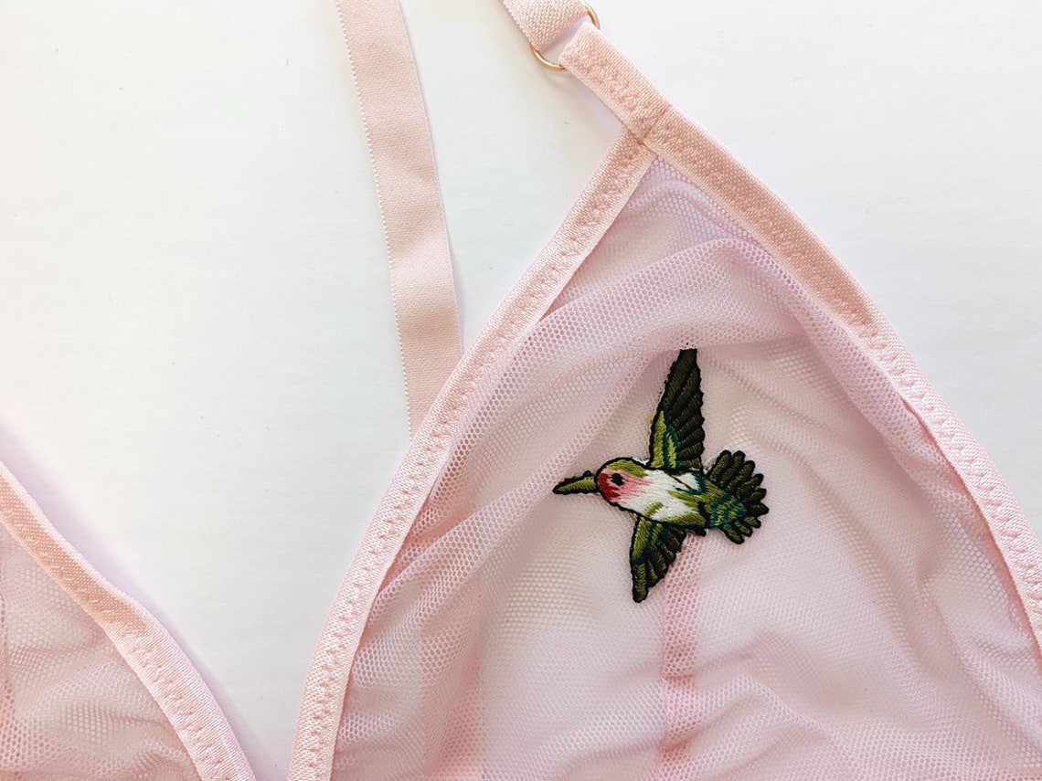 Embroidered Hummingbird Bra Pink Bralette Triangle Bra Mesh - Etsy