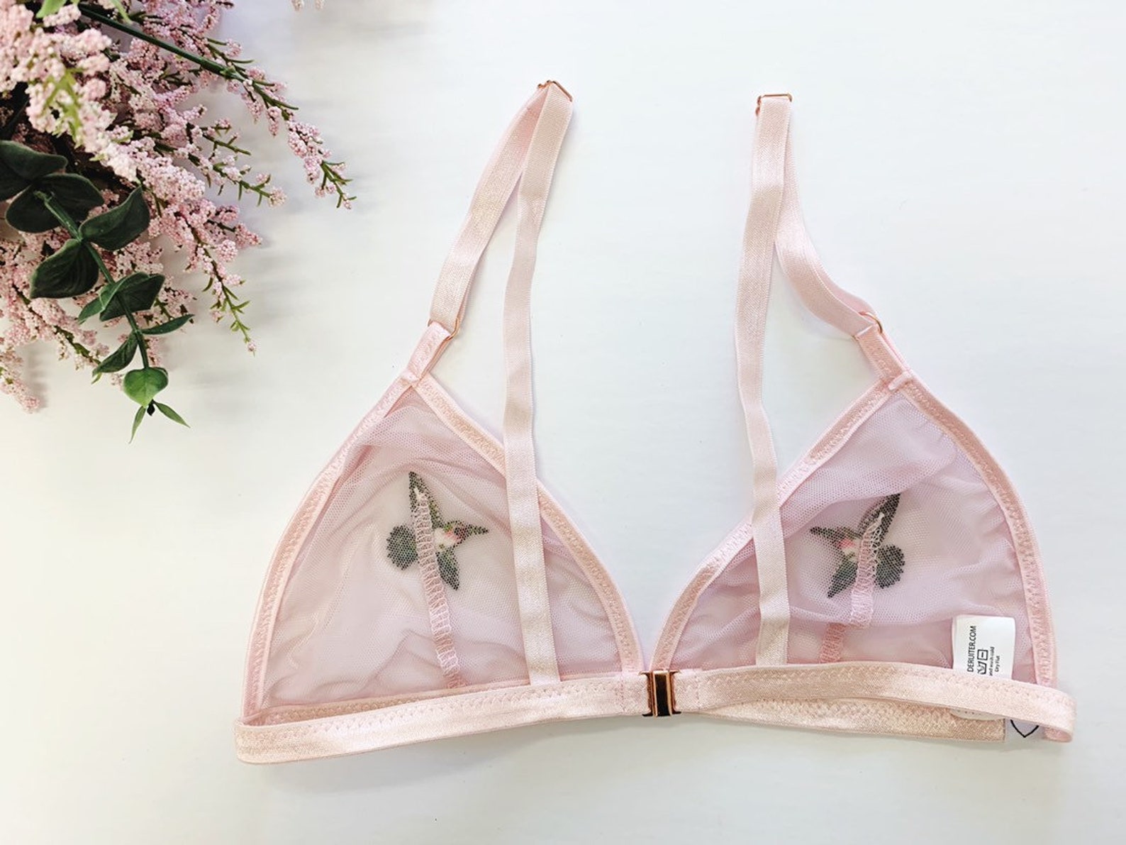 Embroidered Hummingbird Bra Pink Bralette Triangle Bra Mesh - Etsy