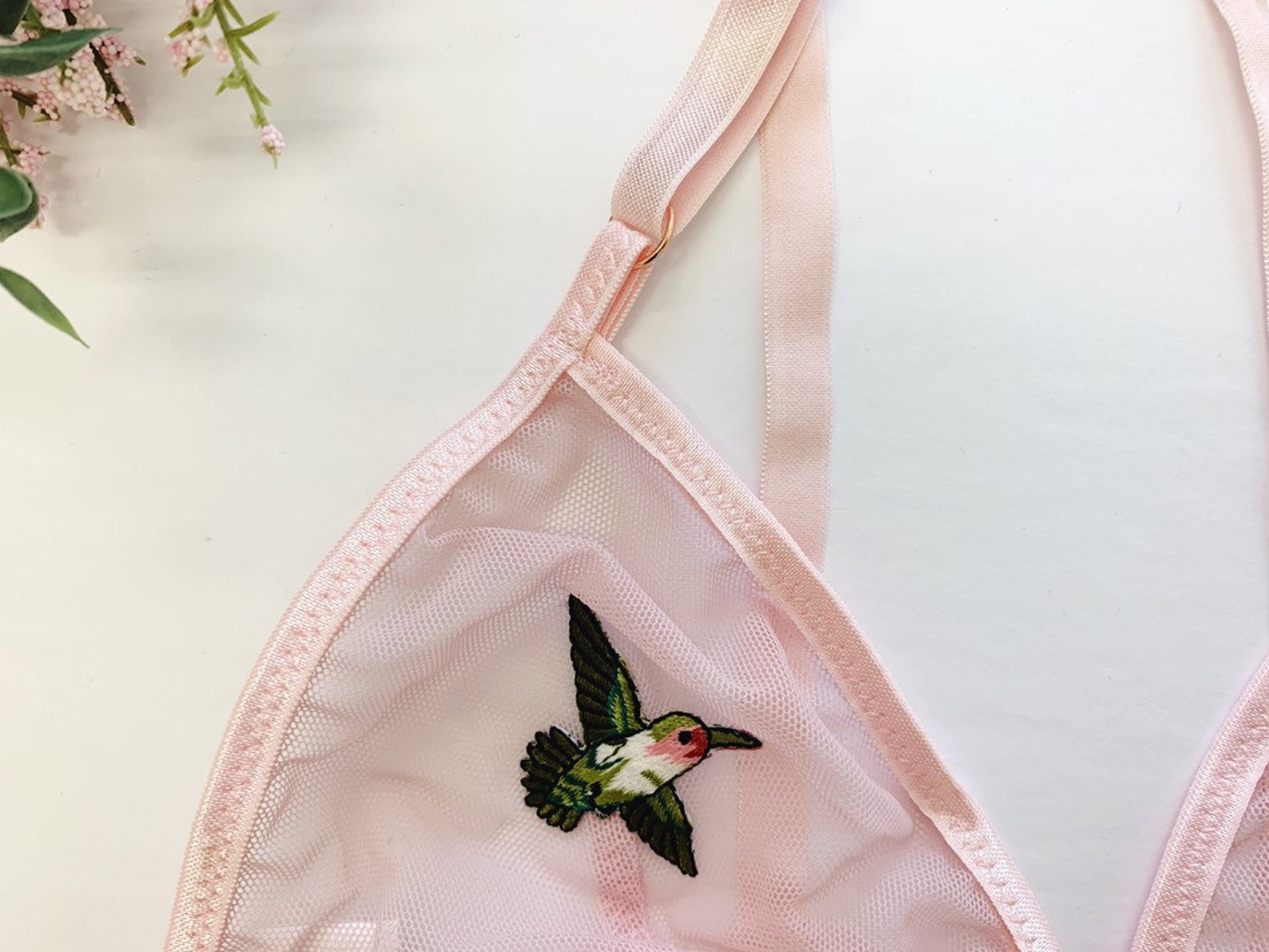 Embroidered Hummingbird Bra Pink Bralette Triangle Bra Mesh - Etsy
