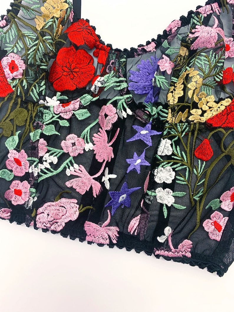 Black Floral Embroidered Bra Boudoir Lingerie Underwired | Etsy Canada