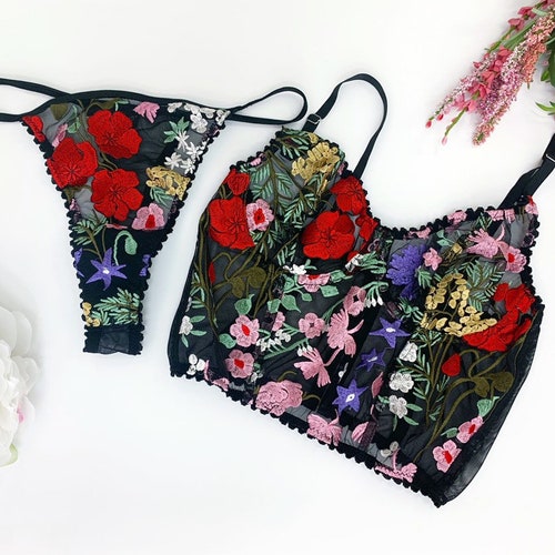 Embroidered Floral Lingerie Set Boudoir Lingerie Black - Etsy