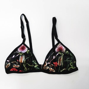 Embroidered Black Floral Bralette, Triangle Bra, Mesh Bralette ...